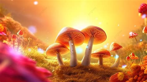 매혹적인 3d 버섯이 특징인 생동감 넘치는 햇빛이 비치는 풍경 3d 3d 렌더링 세우다 배경 일러스트 및 사진 무료