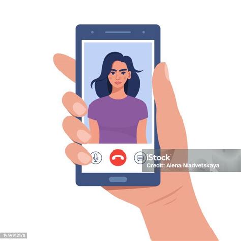화상 통화 중에 스마트폰을 손에 쥐고 있습니다 연결 아이콘이 있는 스마트폰 화면의 젊은 여성 전화를 사용한 온라인 통신 화상 통화를 통해 대화하기 온라인 채팅 벡터
