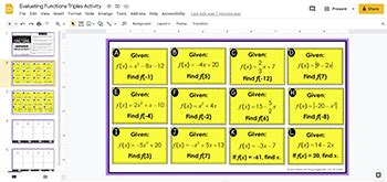 Evaluating Functions Triples Activity DIGITAL VERSION For Google Slides