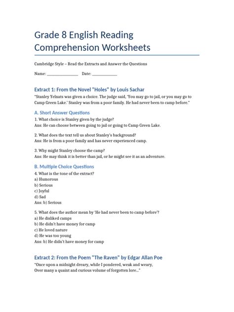 Grade 8 English Comprehension Worksheets Pdf The Raven