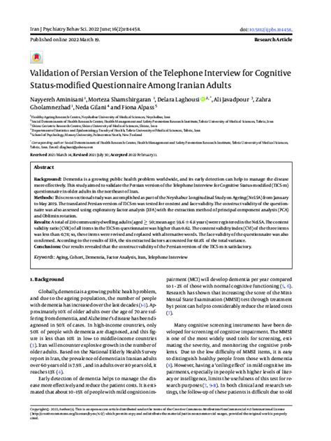 Pdf Validation Of Persian Version Of The Telephone Interview For Cognitive Status Modified