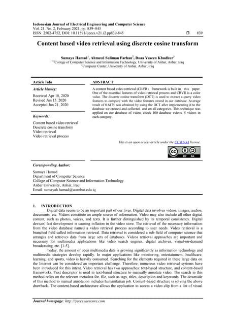 Content Based Video Retrieval Using Discrete Cosine Transform Pdf