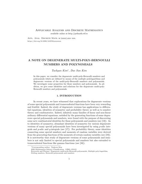 Pdf A Note On Degenerate Multi Poly Bernoulli Numbers And Polynomials