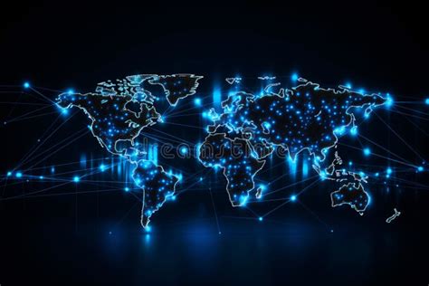 Digital World Map On A Dark Background With Sparkling Light Points