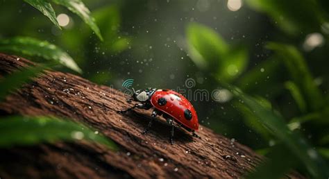 Ladybug With Wifi Antenna On Wet Tree Bark In Lush Green Forest Stock