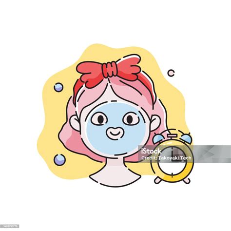 시트 얼굴 마스크를 적용하는 젊은 여성 15 분 동안 타이머 마스크 지침 스킨케어 스파와 미용을 위한 화장품 절차 귀여운 만화