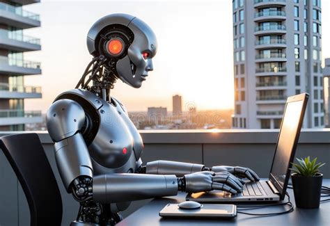 Humanoid Robot Working On Laptop Computer Artificial Intelligence Concept Stock Illustration
