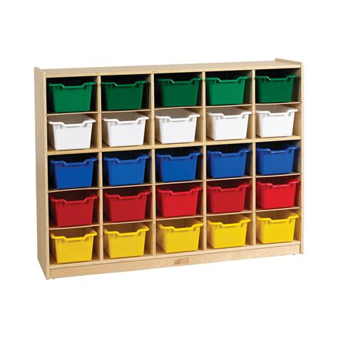 25 Cubby Mobile Tray Cabinet With 25 Scoop Front Storage Bins Natural