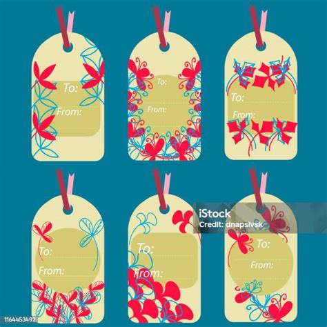 Label Coklat Muda Dengan Tanaman Abstrak Warna Biru Dan Merah Ilustrasi Stok Unduh Gambar