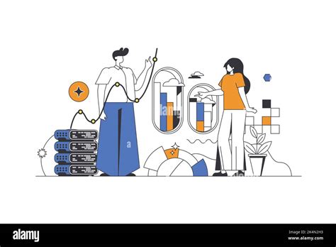 Big Data Web Concept In Flat Outline Design With Characters Man And Woman Analyzes Statistics