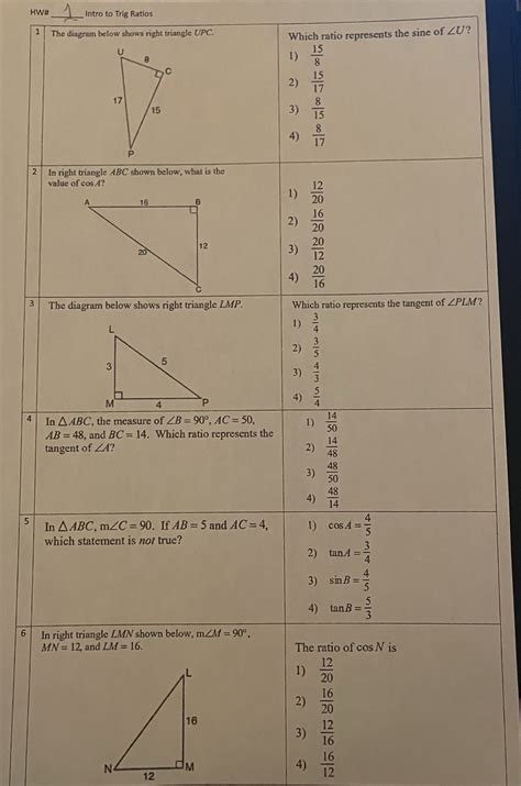[solved] Hw Intro To Trig Ratios The Diagram Below Shows Right Triangle Upc Course Hero