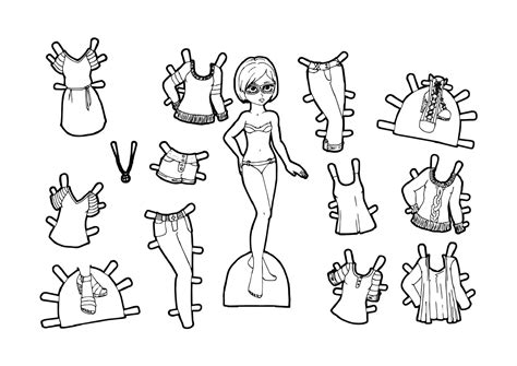 Раскраска Бумажная кукла с набором осенней одежды скачать бесплатно распечатать