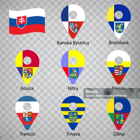 여덟 플래그 슬로바키아의 지역 이름 알파벳 순서 슬로바키아 공화국의 플래그 지역과 같은 2d 지리적 위치 표지판 세트 설계에 대한 8개의 2d 위치 표지판 Eps10