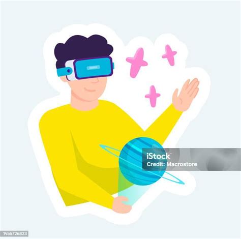 Vr 안경을 쓴 남자는 메타버스 홀로그램에서 가상 행성과 상호 작용합니다 만화 스티커 디자인의 벡터 그림 가상현실에 대한 스톡 벡터 아트 및 기타 이미지 Istock