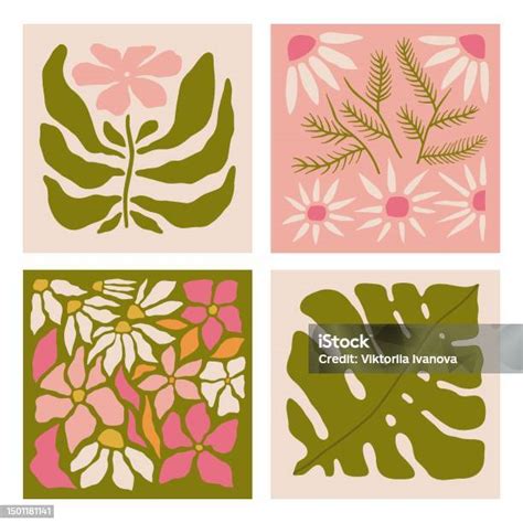 꽃이 있는 추상적인 포스터 세트 인테리어 페인팅 표지와 그림에 대한 꽃의 화려한 삽화 벡터 그림입니다 유기농에 대한 스톡 벡터 아트 및 기타 이미지 Istock
