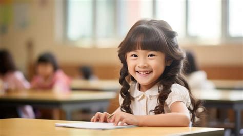 Premium Ai Image Little Schoolgirl Sits At Her Desk On Her First Day