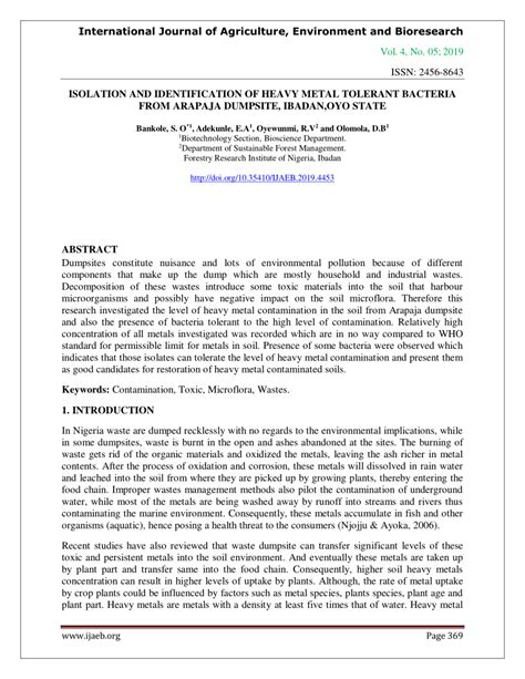 Pdf Isolation And Identification Of Heavy Metal Tolerant Bacteria From Arapaja Dumpsite