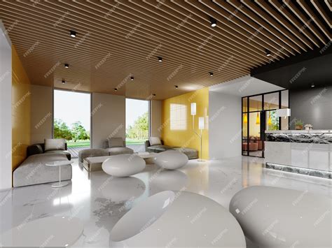사무실 건물 3d 렌더링의 현대적인 로비 인테리어 프리미엄 사진