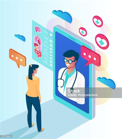 여자 환자 문자 호출 전문 의사가 스마트폰으로 온라인 웹 의학 클리닉 상담 개념입니다 평면 벡터 만화 고립 된 그림 의사에 대한 스톡 벡터 아트 및 기타 이미지 Istock