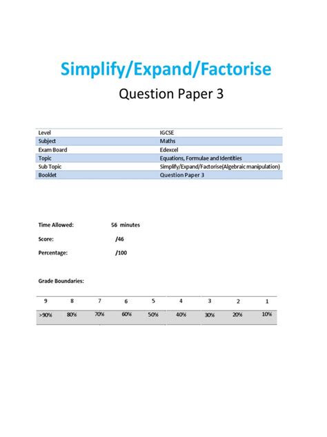 Simplify Expand Factorise Question Paper 3 Pdf Factorization Elementary Mathematics