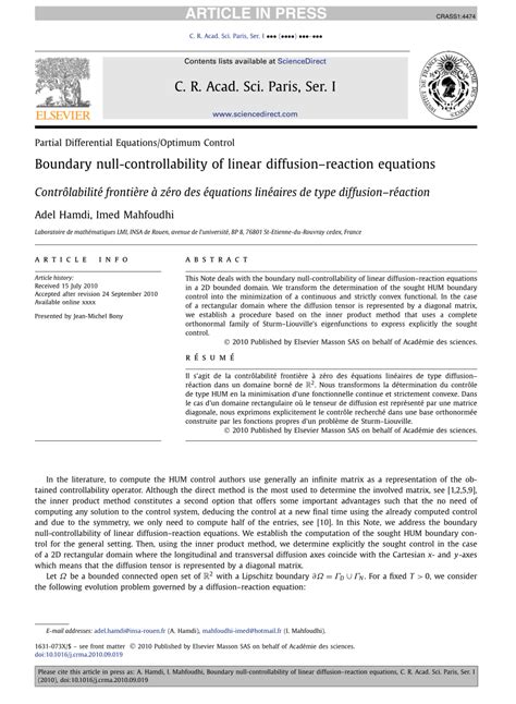 Pdf Boundary Null Controllability Of Linear Diffusionreaction Equations