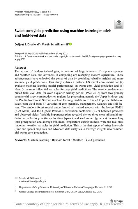 Pdf Sweet Corn Yield Prediction Using Machine Learning Models And