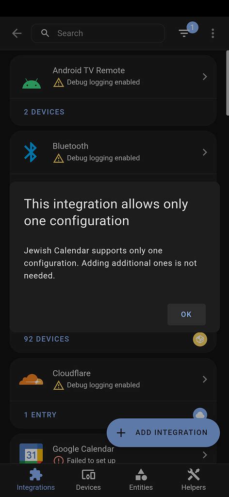 This Integration Allows Only One Configuration Jewish Calendar Configuration Home