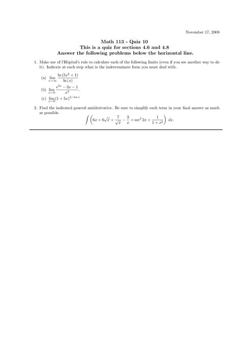Quiz 10 Analytic Geometry And Calculus I Math 113 Docsity