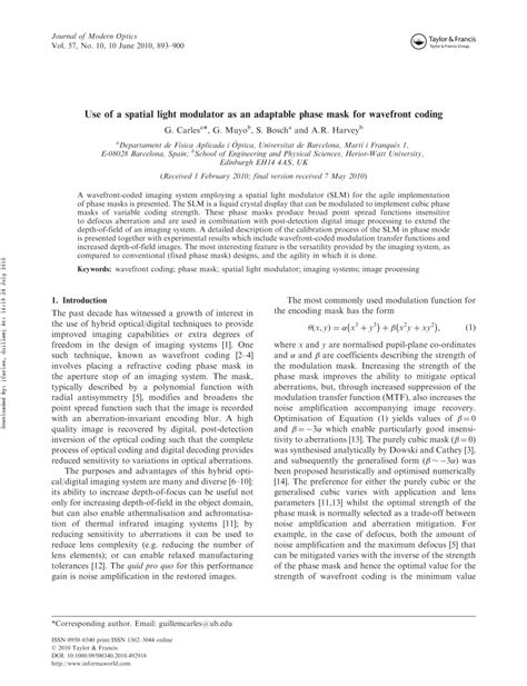 Pdf Implementation Of A Wavefront Coded Imaging System Using A Spatial Light Modulator