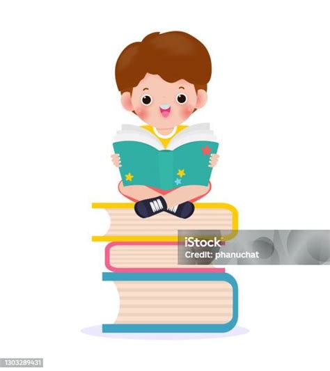 귀여운 어린 학교 아이들은 앉아서 책의 스택에 책을 읽고 책 더미의 상단에 책을 읽고 행복한 학생 학교 플랫 벡터 일러스트 고립