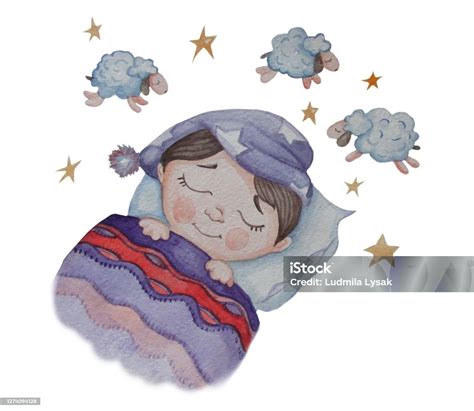좋은 꿈꾸세요 달콤한 아기가 자고 있습니다 그 위에는 재미있는 양과 별이 자고 있습니다 잠들수 있다고 계산합니다 수채화 손 도면 흰색 배경에 격리 어린이 컬렉션 귀여운에