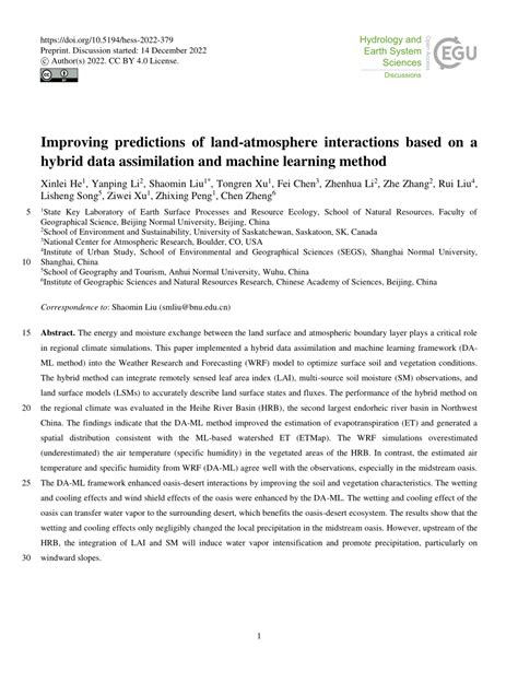 Pdf Improving Predictions Of Land Atmosphere Interactions Based On A