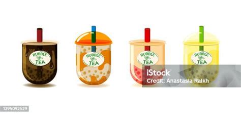 다른 멋진 차 세트 플랫 스타일 페인트 요소 특이한 여름 음료 녹차 말차 우유 코코아 케이크 및 과일 혼합 과일 맛 신선한 딸기로 구성되어 있습니다 버블티에 대한 스톡 벡터