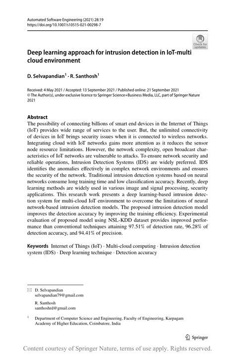Deep Learning Approach For Intrusion Detection In IoT Multi Cloud Environment Request PDF