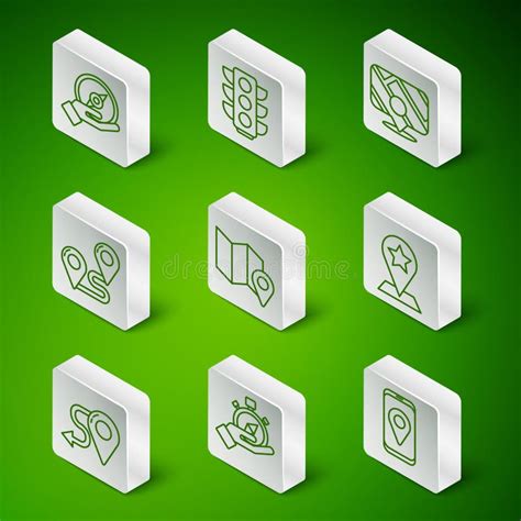 Set Line City Map Navigation Compass Folded With Location Marker Route Traffic Light And