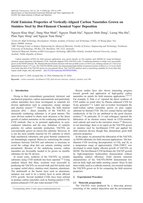 Pdf Field Emission Properties Of Vertically Aligned Carbon Nanotubes Grown On Stainless Steel