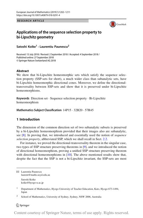 Applications Of The Sequence Selection Property To Bi Lipschitz Geometry Request Pdf