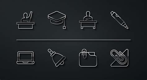 남자 아이가 손을 들고 있는 것 노트북 마커 펜 클립이 있는 문서 폴더 울리는 종소리 졸업 모자 종이와 남학생이 책상에 앉아 있는 아이콘을 설정합니다 벡터 0명에 대한 스톡