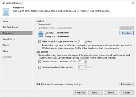 how to configure veeam immutable backup repository with data domain
