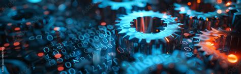 Digital Gears And Binary Code The Future Of Technology The Image Depicts A Network Of Blue