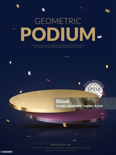 화장품을 전시하기 위한 3d 무대 파란색 배경에 색종이 조각이 떠 있는 원통형 금색과 보라색 연단 벡터 그림 3차원 형태에 대한