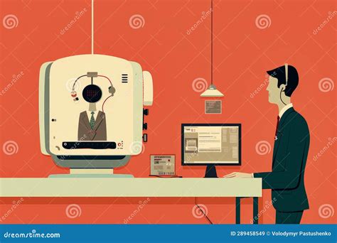 man standing in front of computer monitor with robot on it generative