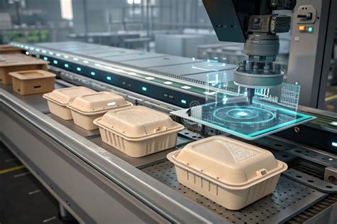 Automated Factory Line With Robotic Arm Inspecting Eco Friendly Packaging Solutions Stock