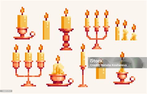 촛불과 촛대 픽셀 아트 세트 왁스 라이트 컬렉션 8비트 스프라이트 촛불 조명 장비에 대한 스톡 벡터 아트 및 기타 이미지 촛불 조명 장비 픽셀 아트 Brand