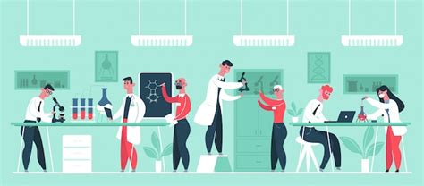 과학 화학자 캐릭터 과학 실험실 연구 작업 화학 클리닉 과학자 제약 연구원 그림을 설정합니다 실험실 및 실험실 액체