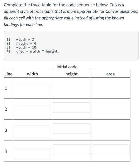 solved complete the trace table for the code sequence below