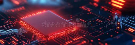 Red Glowing Cpu On Circuit Board Technology Innovation Concept A Closeup Of A Red Glowing Cpu