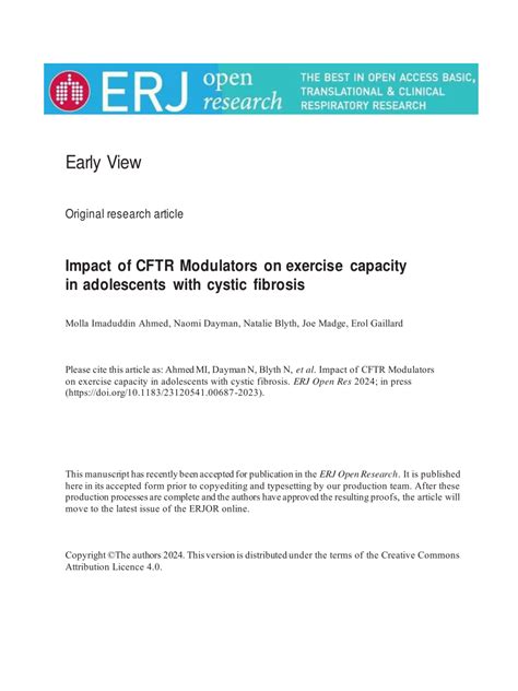 Pdf Impact Of Cftr Modulators On Exercise Capacity In Adolescents With Cystic Fibrosis