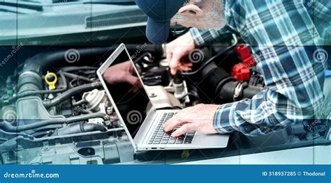 Mechanic Using Laptop for Checking Car Engine, Geometric Pattern Stock Image - Image of male ...