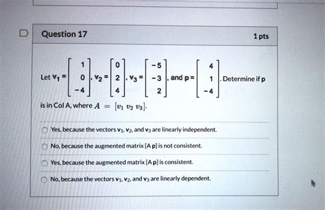 solved question 17 1pts let v1 v2 v3 and p 4 determine if p is in
